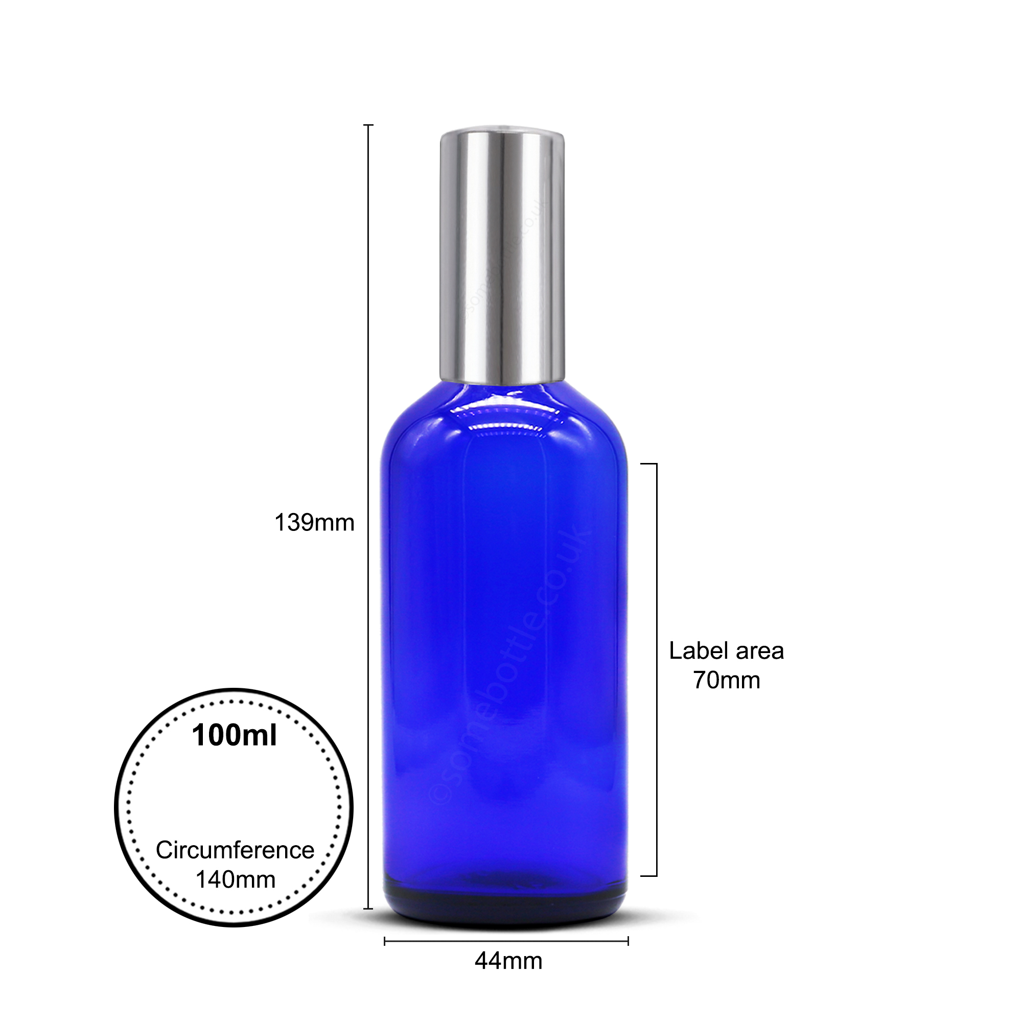 100ml Blue Glass Spray Bottle + Silver Mist Atomiser , No MOQ
