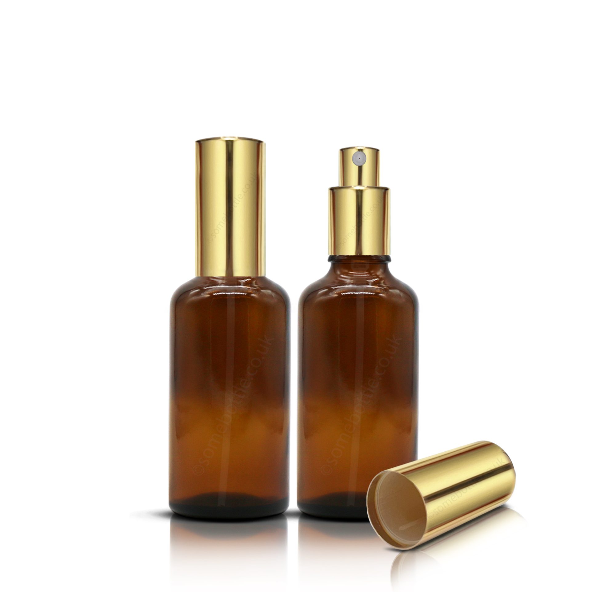 50ml Amber Glass Bottle + Gold Aluminium Mist Spray Atomiser & Cap ...