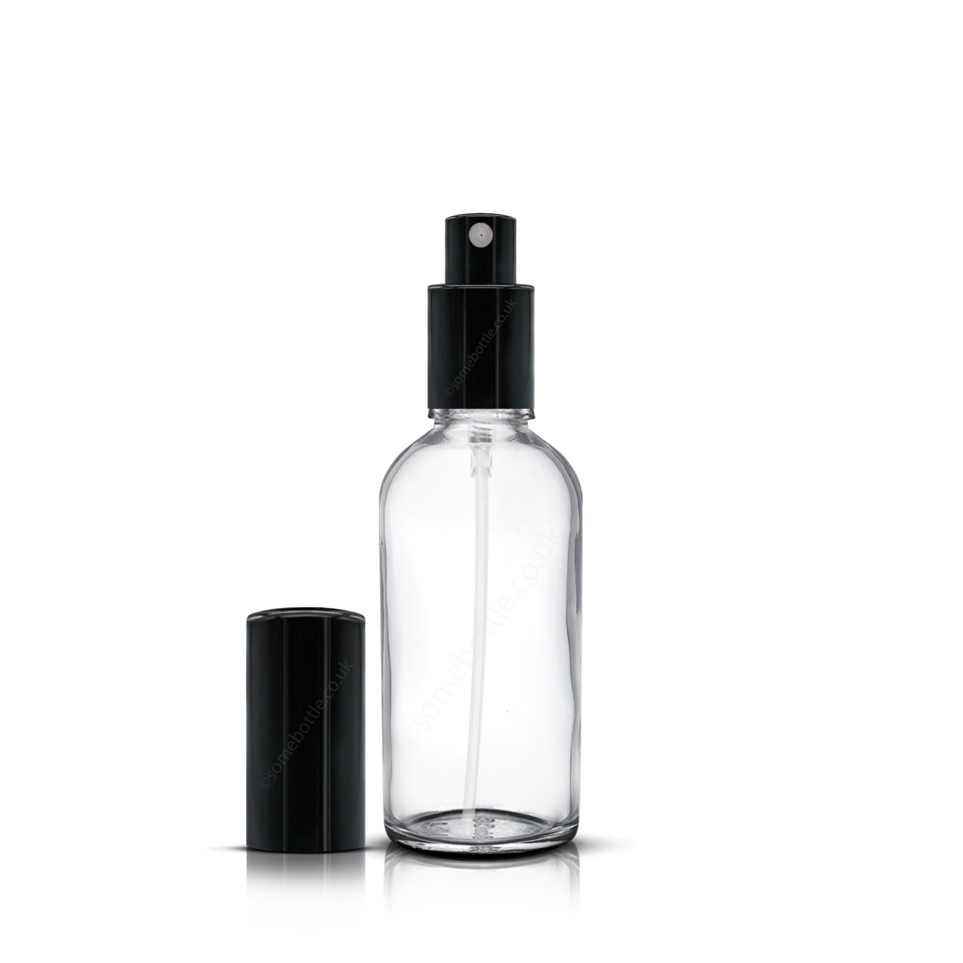 50ml Clear Glass Bottle + Black Aluminium Mist Spray Atomiser & Cap ...