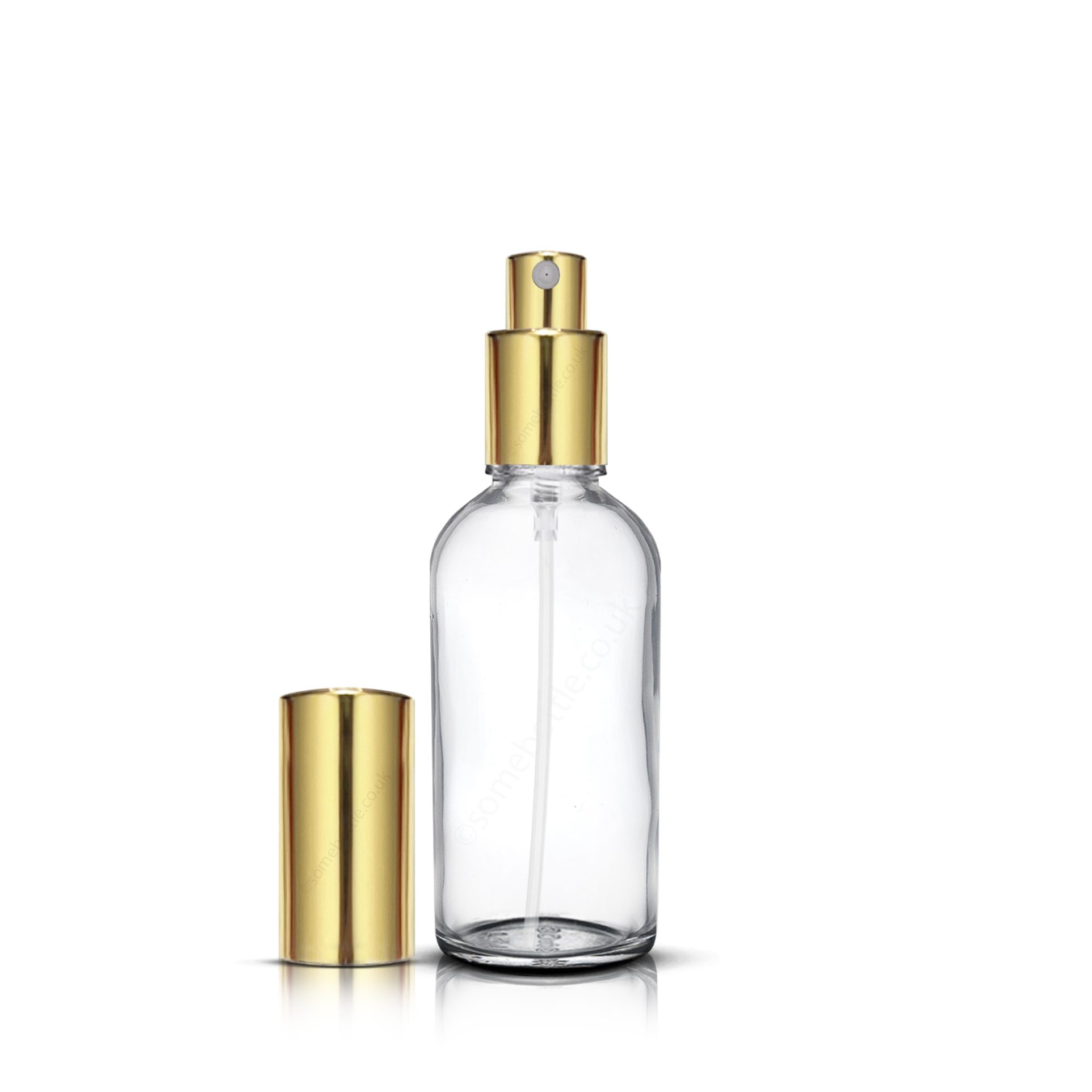 50ml Clear Glass Bottle + Gold Aluminium Mist Spray Atomiser & Cap ...