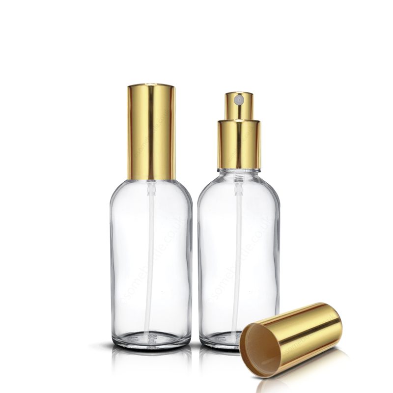 50ml Clear Glass Bottle + Gold Aluminium Mist Spray Atomiser & Cap ...